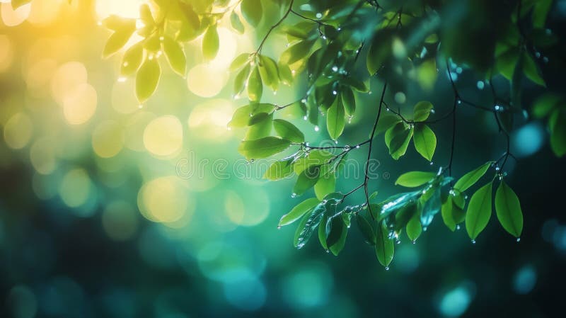 Closeup of Dewy Green Leaves on Branch in Forest Stock Illustration ...
