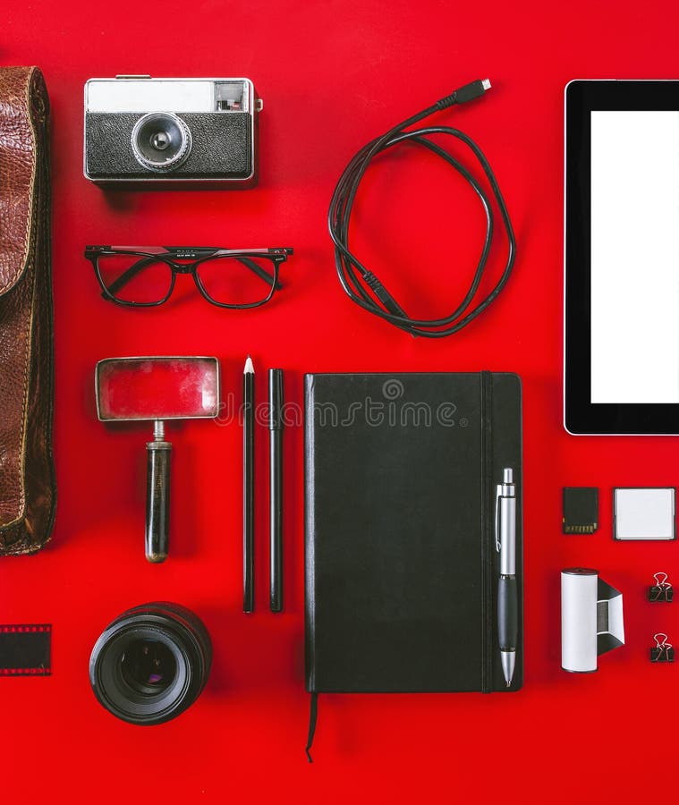 Closeup of Different Photography Objects on Red Background. Stock Image ...