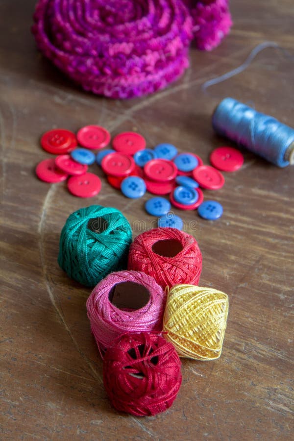 Closeup of Different Threads and Coils on Table Stock Photo - Image of ...