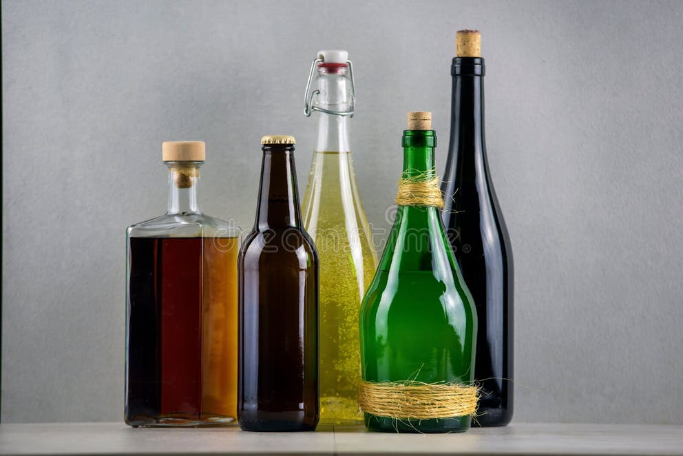 Closeup of Different Types of Drinks in Gray Background Stock Image ...