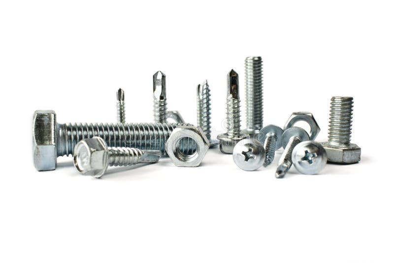 Closeup of Different Types of Fasteners Isolated on White. Isolated ...