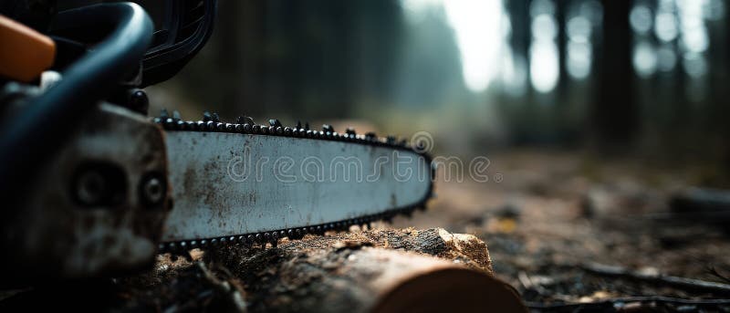 Closeup of a Dirty Chainsaw Resting on a Cut Log in a Forest Clearing ...