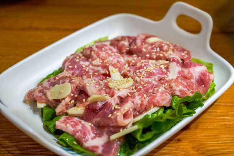 Closeup of a Dish of Marinated Pork Belly Beef Barbecue Ingredients ...