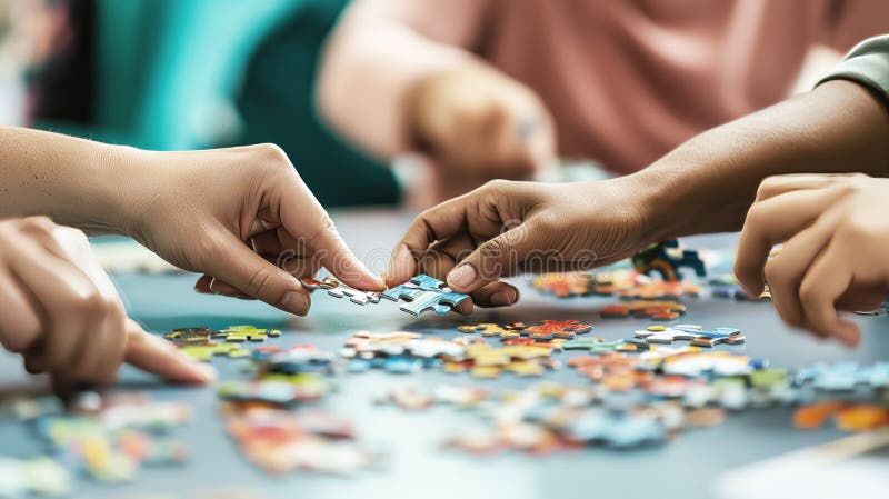 Closeup of Diverse Hands Working Together To Assemble a Puzzle ...