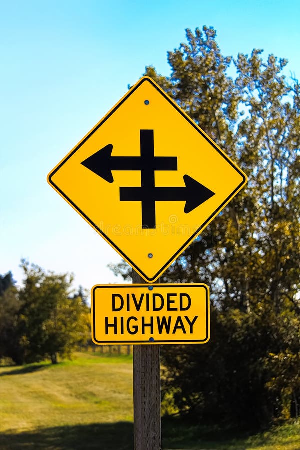 Closeup of a Divided Highway Warning Sign Stock Photo - Image of ...