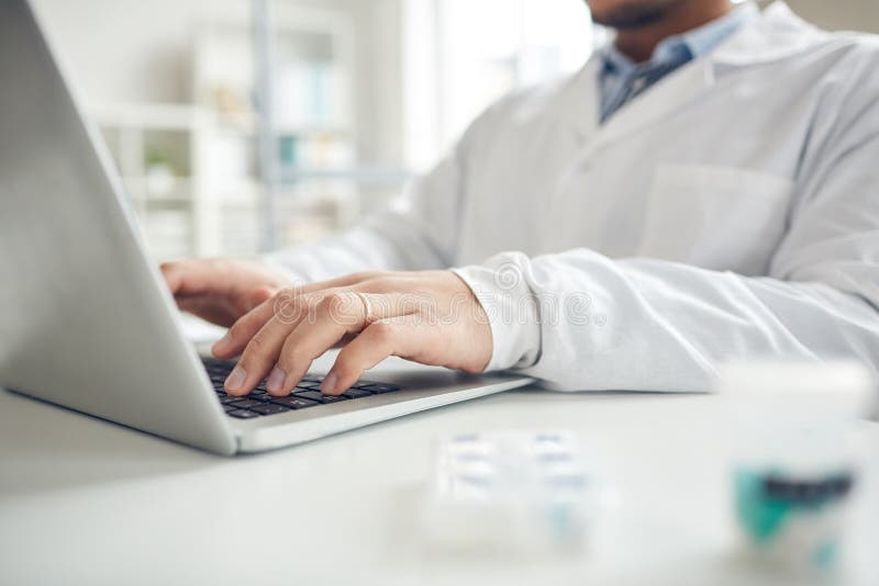 Closeup of Doctor Typing on Laptop Stock Photo - Image of science ...