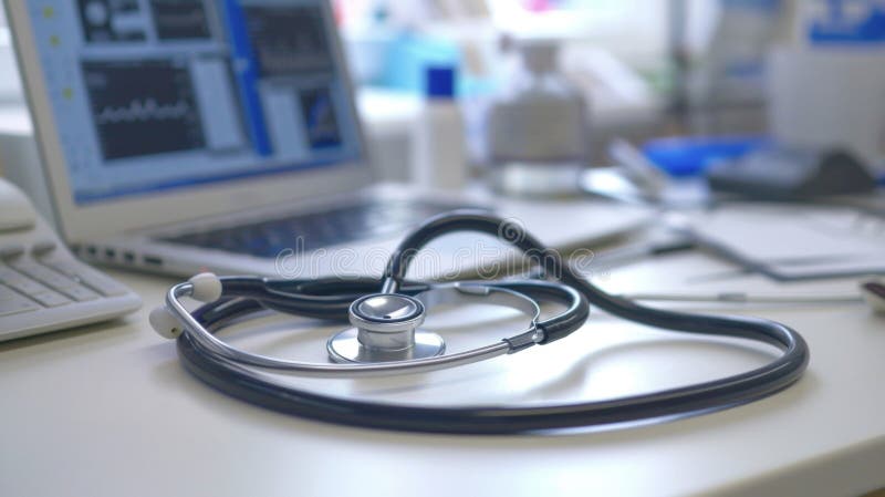 A Closeup of a Doctors Stethoscope with a Computer Screen in the ...
