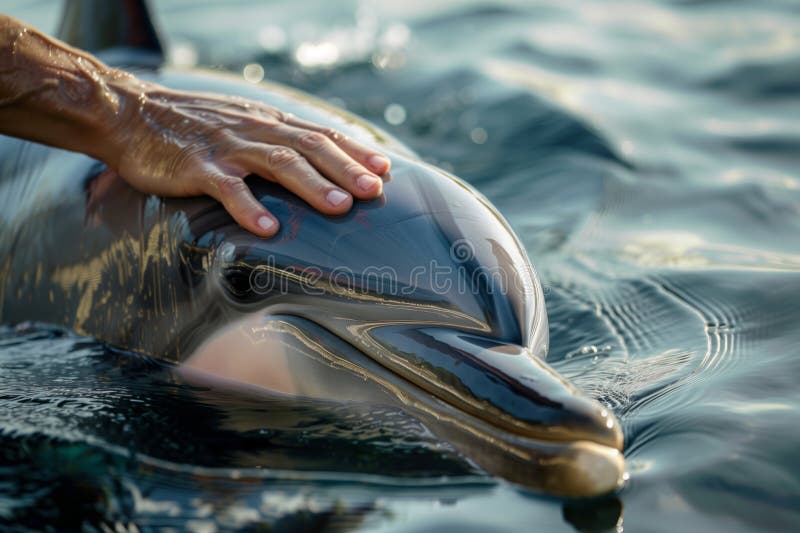 Closeup of a Dolphin with a Persons Hand Gently Touching it Stock ...
