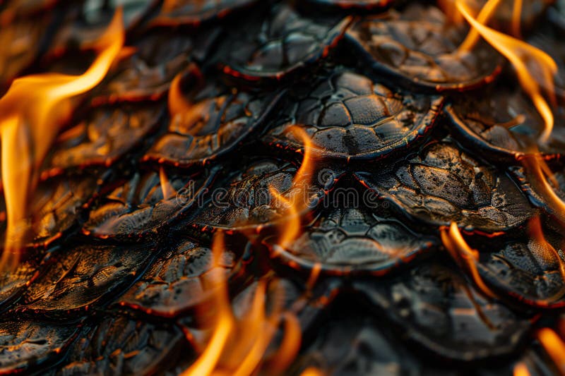 Closeup of Dragon Scales on Fire. the Flames Create a Dramatic Contrast ...