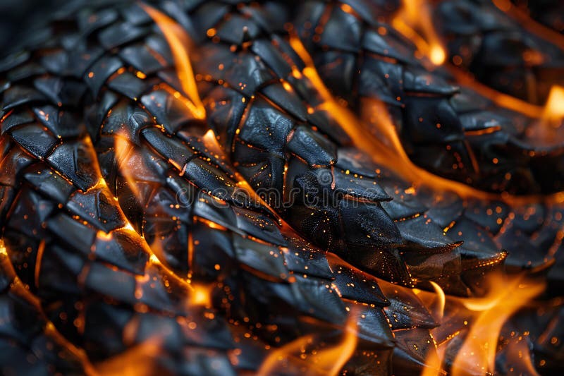 Closeup of Dragon Scales on Fire. the Flames Create a Dramatic Contrast ...