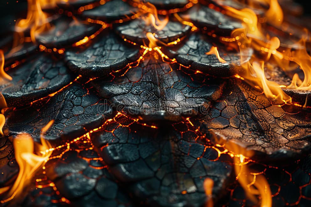 Closeup of Dragon Scales on Fire. the Flames Create a Dramatic Contrast ...