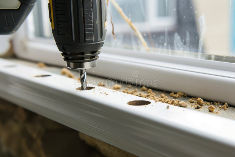 Closeup of a Drill Making Holes in a Window Sill for Installation Stock ...