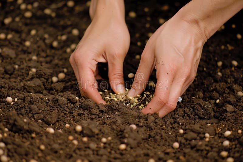 Closeup of a Duos Hands, Intertwined, Sowing Seeds in Soil Stock ...