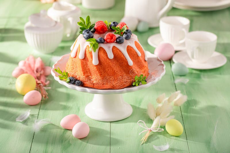 Closeup of Easter Ring Cake with Raspberries and Blueberries Stock ...