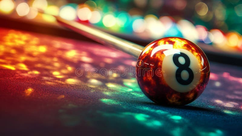Closeup of Eight Ball on Pool Table with Colorful Lights Stock ...