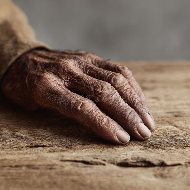 Closeup of an Elderly Hand Resting on a Rustic Wooden Surface ...
