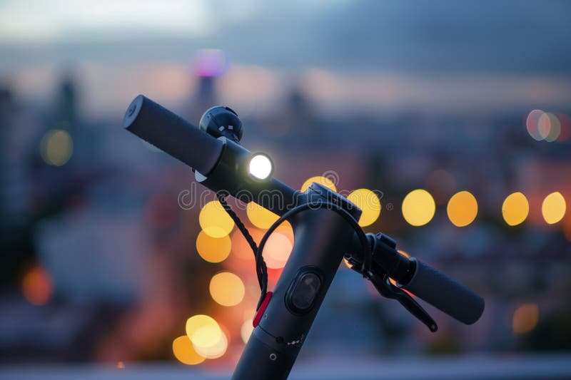 Closeup of Electric Scooter Handle with City Lights in the Backdrop ...