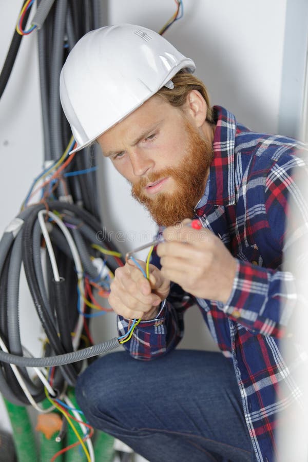 Closeup Electrician Engineer Working on Fuse Switch Box Stock Image ...