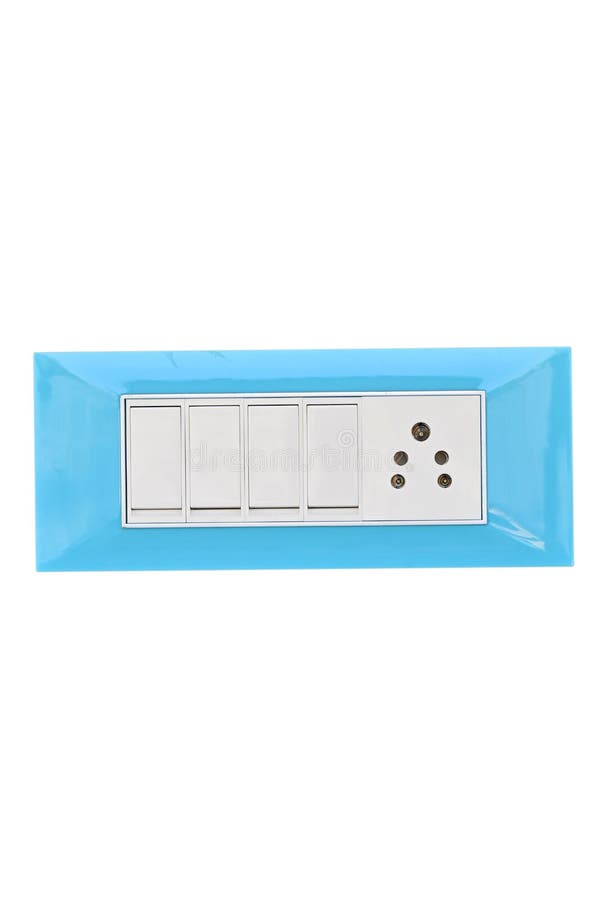 Closeup the Electricity Switch with Port and Sky Blue Plate Isolated on ...