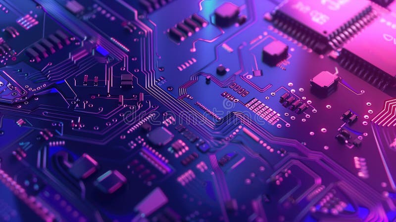 Closeup of Electronic Circuit Board with Glowing Components in Purple ...