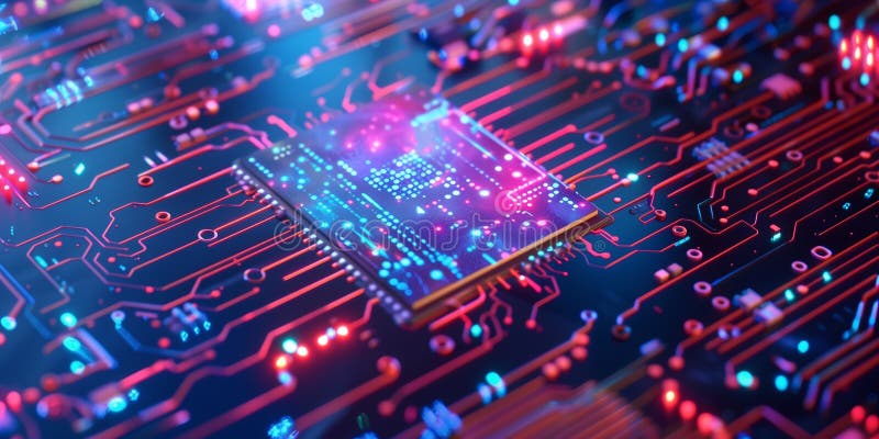 Closeup of an Electronic Circuit Board with Glowing Neon Lights Stock ...
