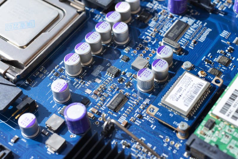 Blue Circuit Board with Electronic Chips Stock Image - Image of digital ...