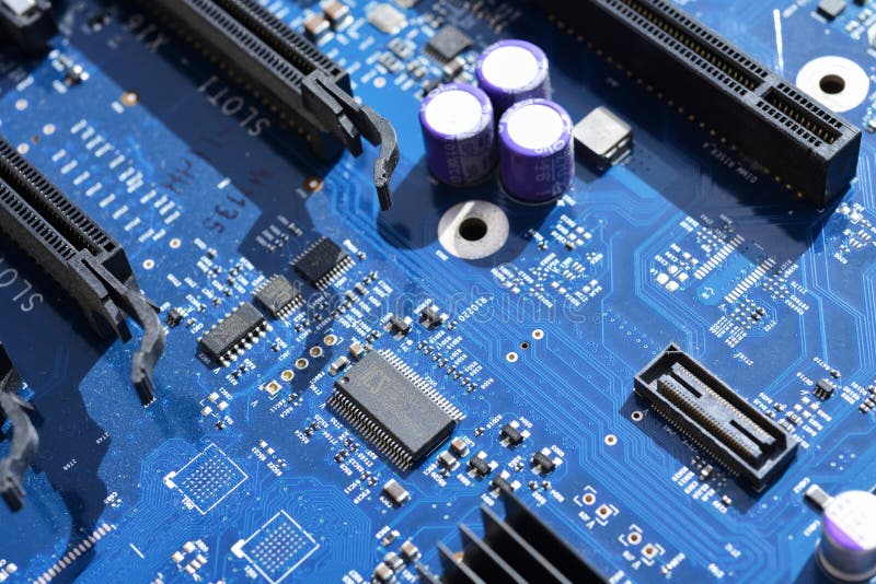 Blue Circuit Board with Electronic Chips Stock Image - Image of digital ...