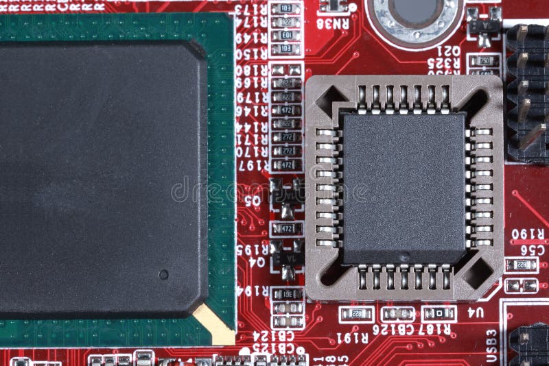 Closeup of Red Electronic Motherboard Circuit with Processor Stock ...