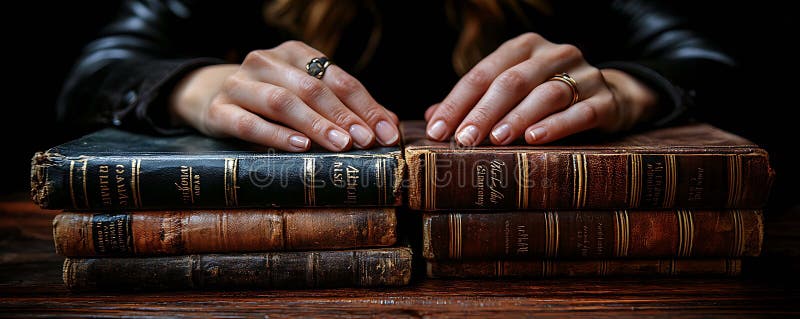Closeup of Elegant Hands Gently Resting on a Stack of Antique Books. a ...