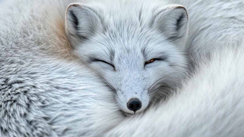 Closeup of an Endearing Arctic Fox Snuggled Up in a Ball with Its Long ...