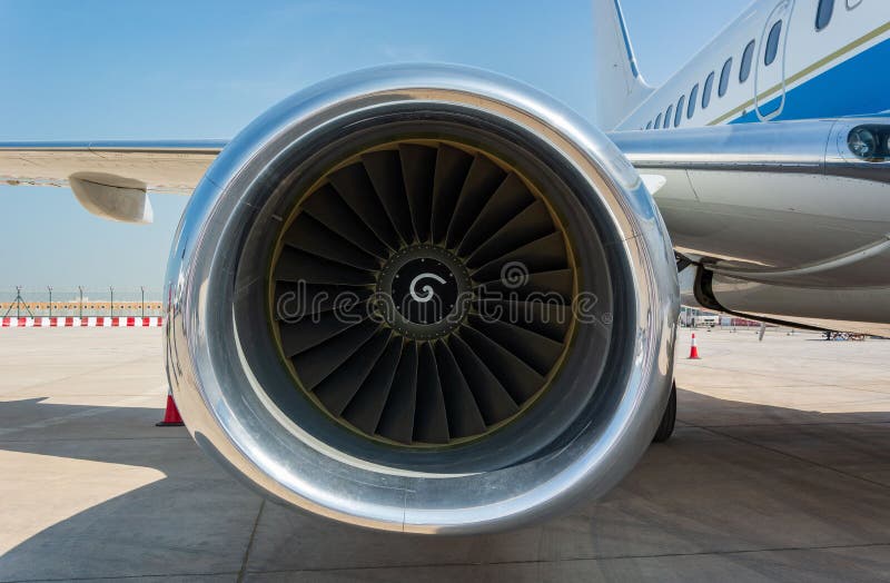 Closeup of an Engine Part of the Boeing 737 in Abu Dhabi Air Expo 2022 ...
