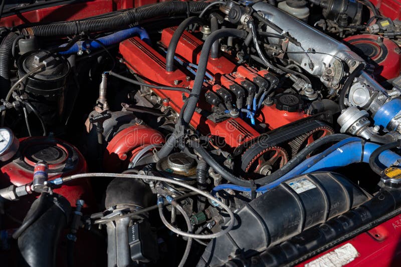 Closeup of the Engine Tuned with Nitrous Oxide of a Red Toyota Supra ...