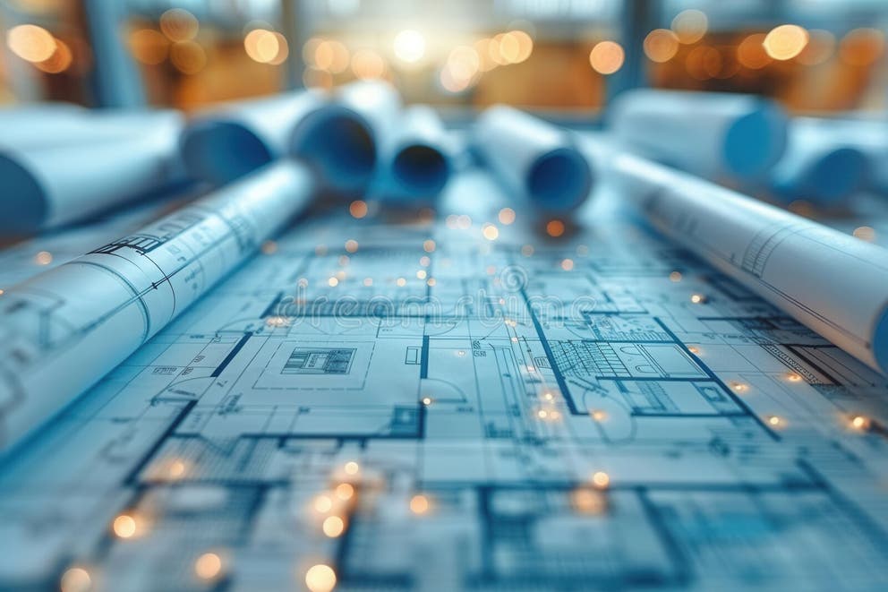 Closeup of Engineering Blueprints with Detailed Building Plans ...