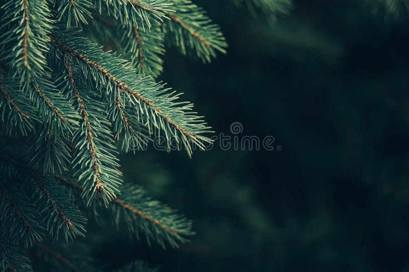 Closeup Evergreen Pine Tree Branches with Green Needles on Dark Natural Forest Background for ...