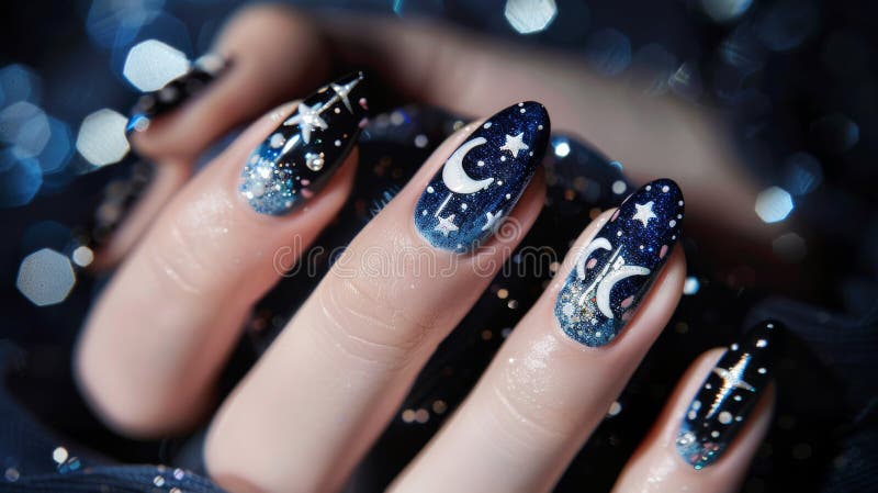 Whimsical Starry Night Nail Art Featuring Celestial Designs and Glitter ...