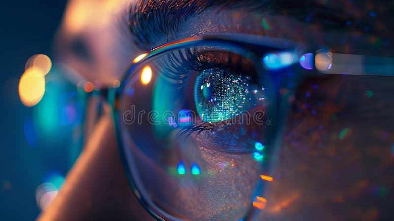 Closeup of Eye with Glasses Reflecting Digital Data in Futuristic Style ...