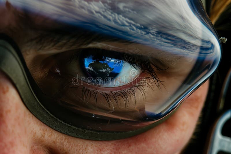 Closeup of Eyes with Reflection of Earth, Skydiver Wearing Goggles ...