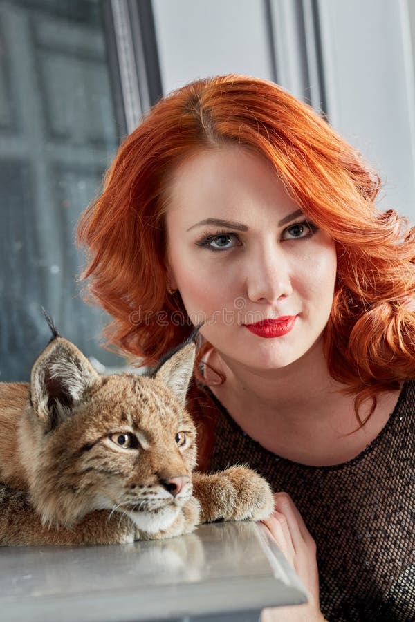 Closeup Face of Red-haired Young Woman and Muzzle Stock Photo - Image ...