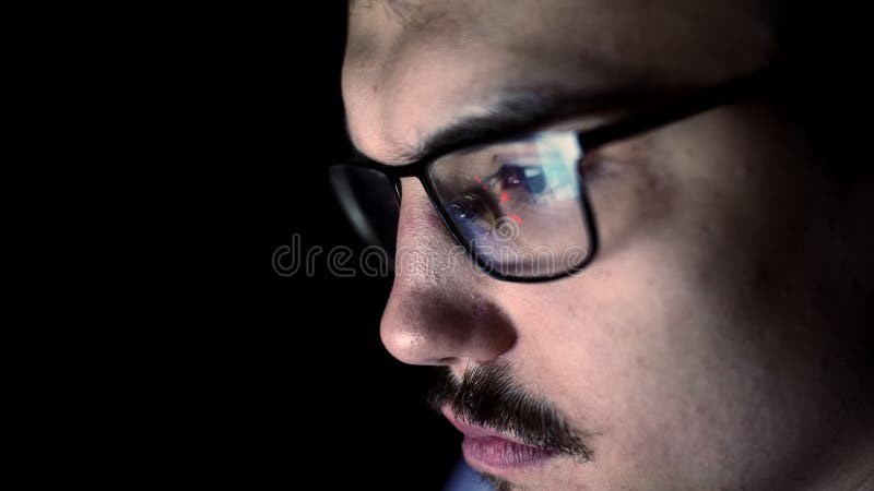 Closeup Face of Young Man with Glasses Which Reflects Computer Screen ...