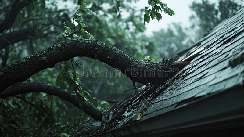 Closeup of Fallen Tree Damaging House Roof during Storm Stock ...