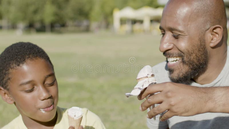Closeup Of Father And Son Eating Ice Cream In Park Stock Footage