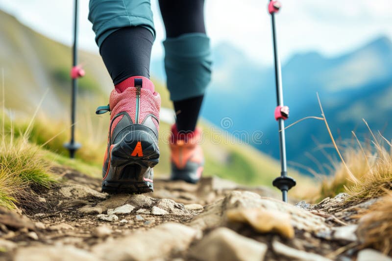 Closeup of Feet and Poles on Mountain Path Stock Illustration ...