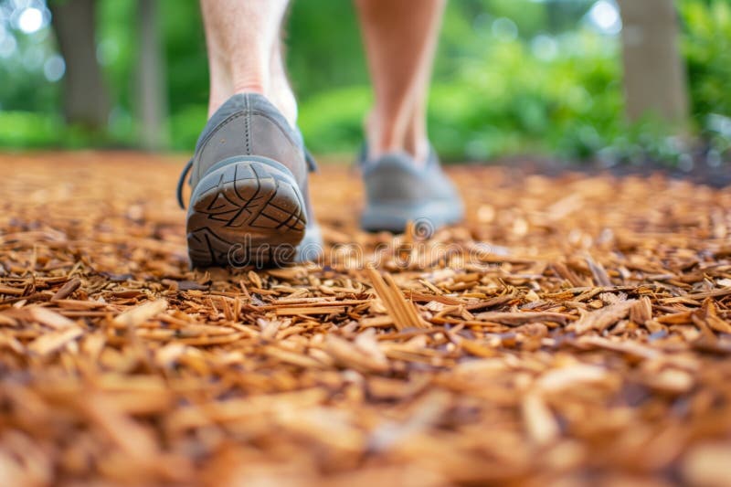 Closeup of Feet Walking on a Wood Chip Path Stock Image - Image of ...