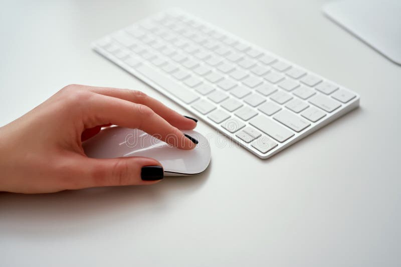 Closeup of Female Hand Using White Mouse Who is Working at Office and ...