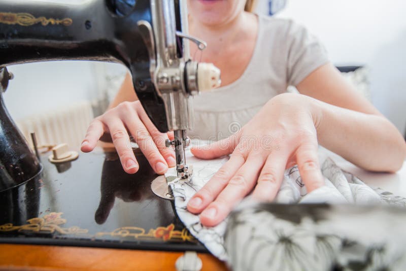 Closeup of Female Hands Using Retro Sewing Machine Stock Image - Image ...