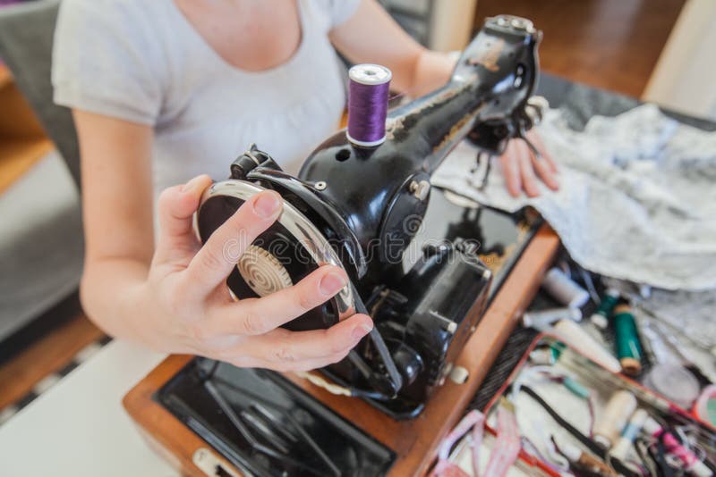 Closeup of Female Hands Using Retro Sewing Machine Stock Image - Image ...