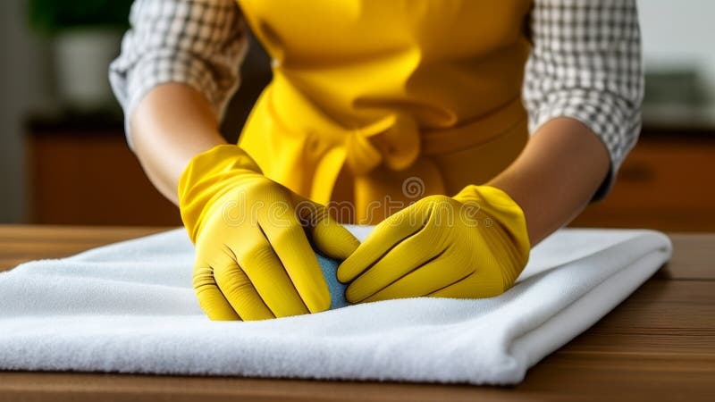 Closeup of Female Hands in Yellow Rubber Gloves Cleaning Table with Rag ...