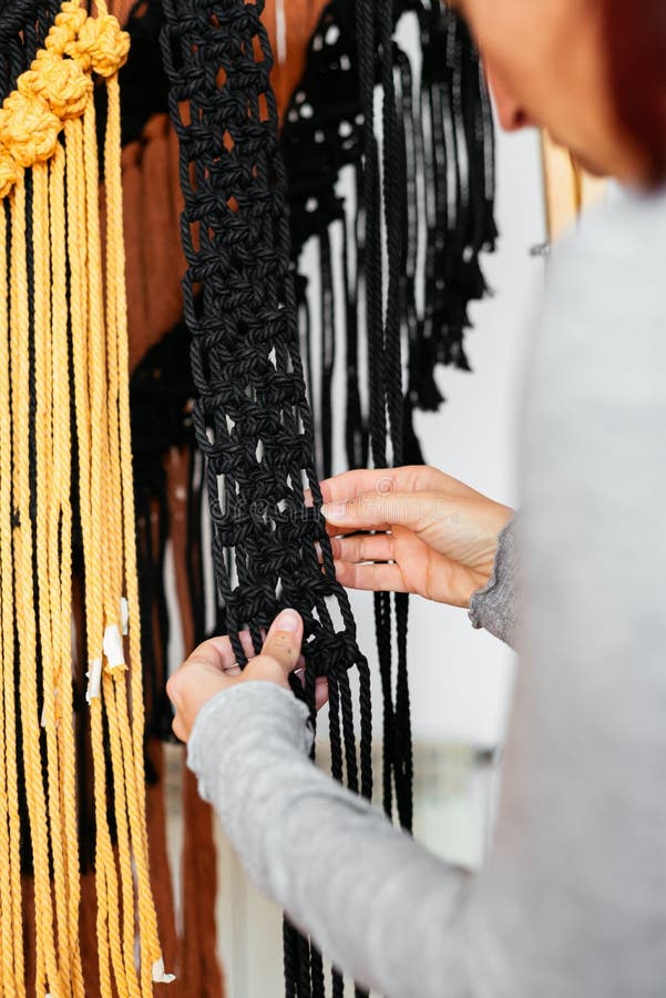 Closeup of Female Weaving Threads and Creating a Macrame Wall-hanging ...