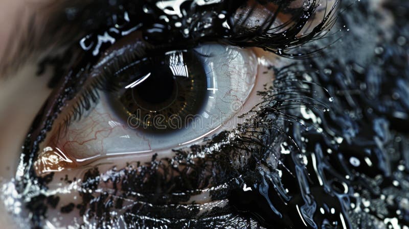 A Closeup of a Ferrofluidcovered Eye the Dark Liquid Dripping Down the ...