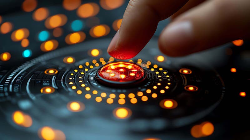 Closeup of a Finger Activating a Glowing Red Button on a Futuristic ...